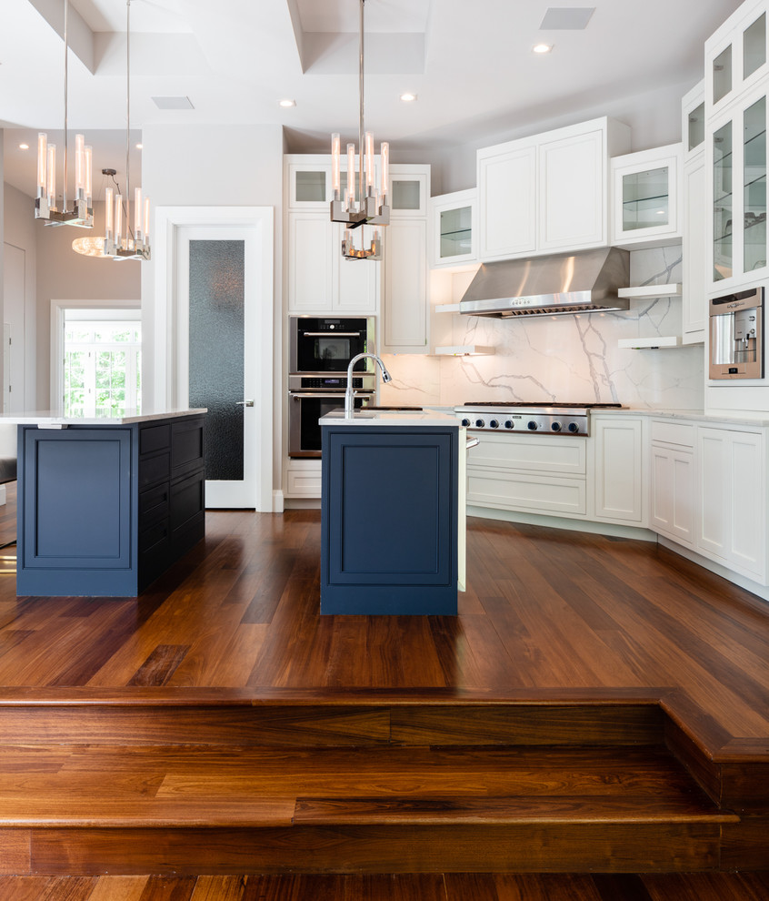 White Beaded Inset Cabinets with Double Navy Island - Contemporain ...