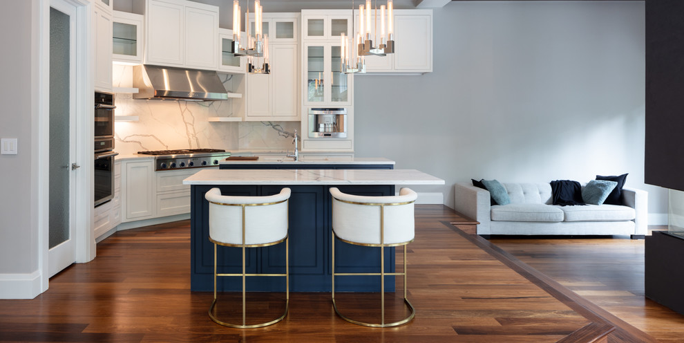 White Beaded Inset Cabinets with Double Navy Island - Contemporary ...