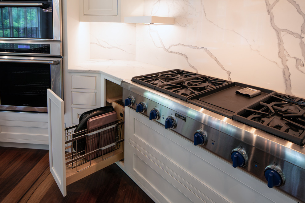 White Beaded Inset Cabinets with Double Navy Island - Contemporary ...