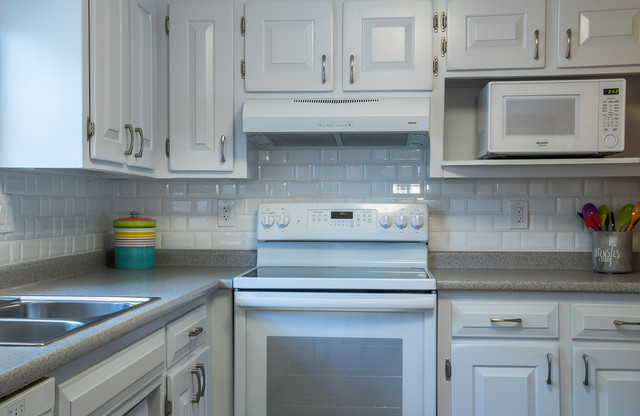 White Bevelled Subway Tile Backsplash - Transitional - Kitchen - Boston ...