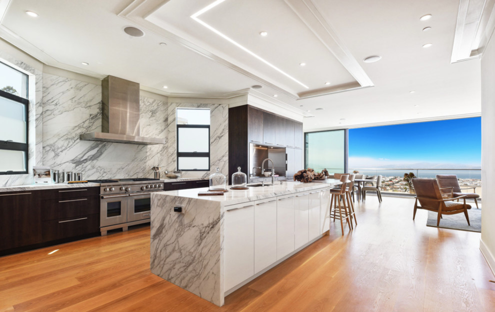 White Carrara Countertop, Island and Waterfall - Contemporary - Kitchen ...