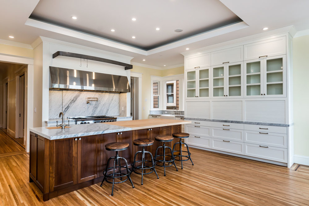 White Carrara Countertops, Island and Full Height Backsplash - Modern ...