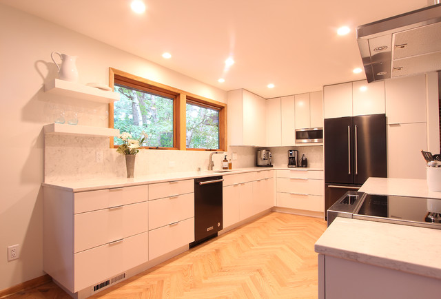 White Flat Cabinets, Herringbone Wood Floor, Quartz Countertops ...