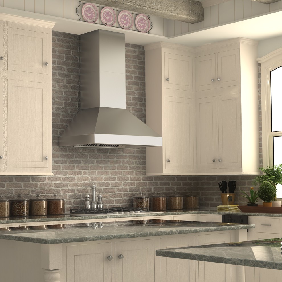 White Kitchen Featuring A Zline 597 Rs Stainless Steel Range Hood Farmhouse Kitchen Other