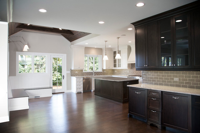 White Kitchen stained Perimeter Tongue and Groove ceiling and Banquette ...