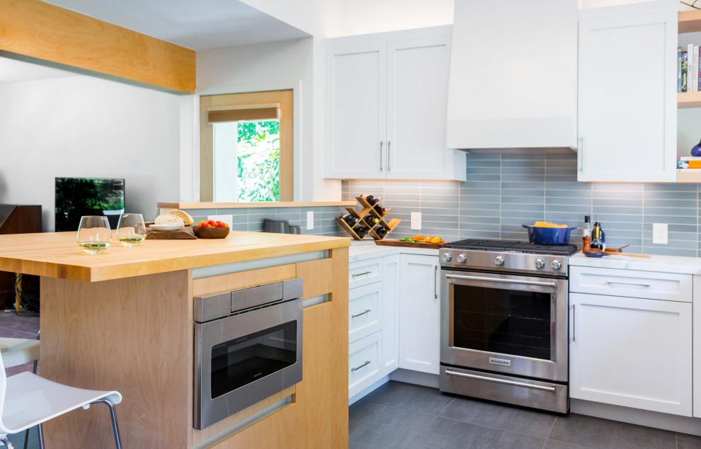 White Kitchen with Accent Maple Butcher Block Breakfast Bar ...