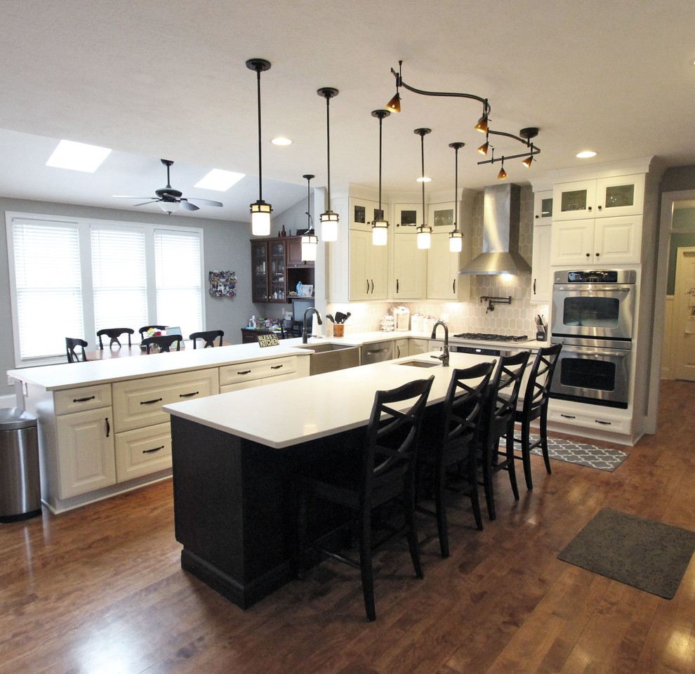 White Kitchen with Espresso Island and Eternia Caringdale Quartz ...