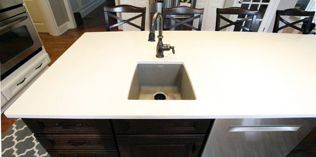 White Kitchen with Espresso Island and Eternia Caringdale Quartz ...