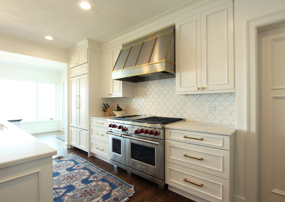 White Kitchen with Stainless and Brass Hood and Brass Hardware ...