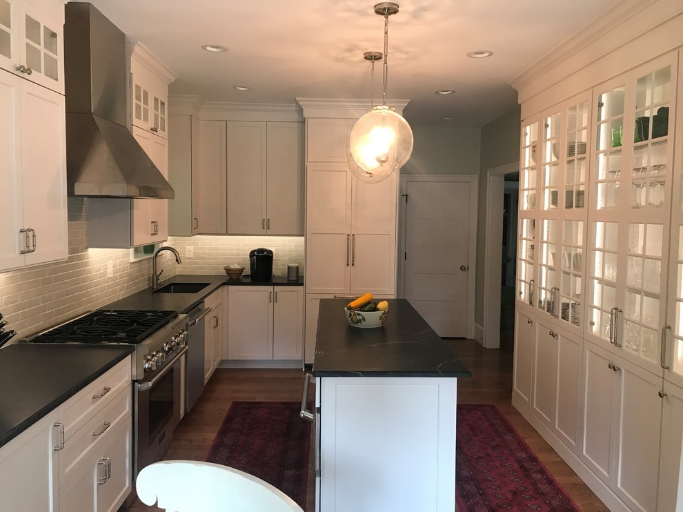 White Kitchen With Traditional Mullion Glass Cabinets - Transitional ...