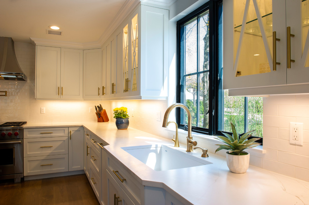 White Modern Kitchen with Compac Quartz Counters and Island - Modern ...