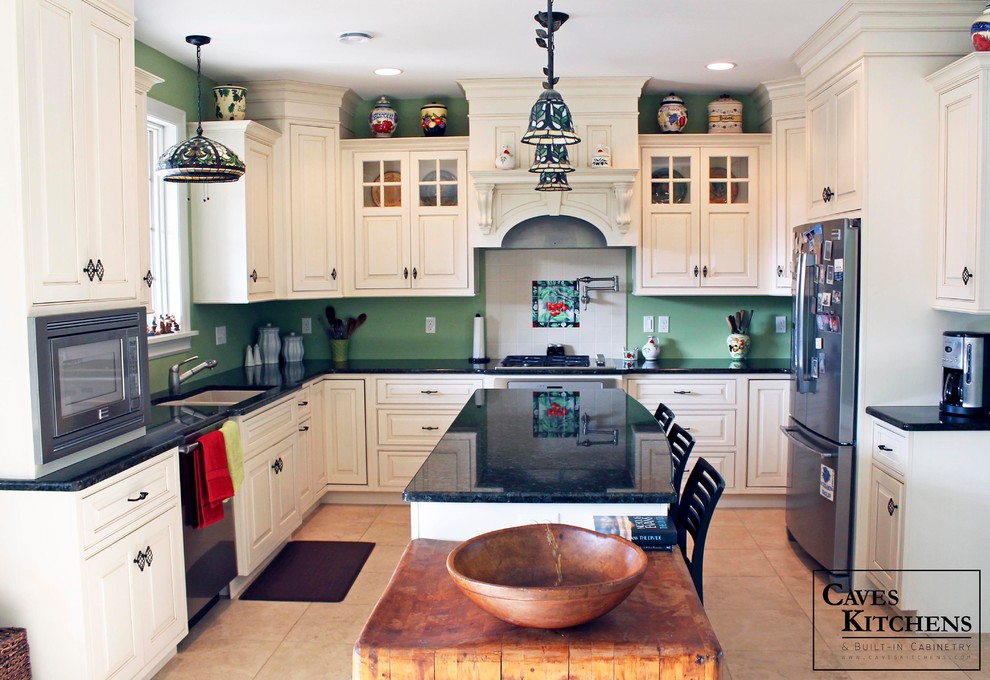 White Traditional Kitchen with Island & Desk Area - Traditional ...