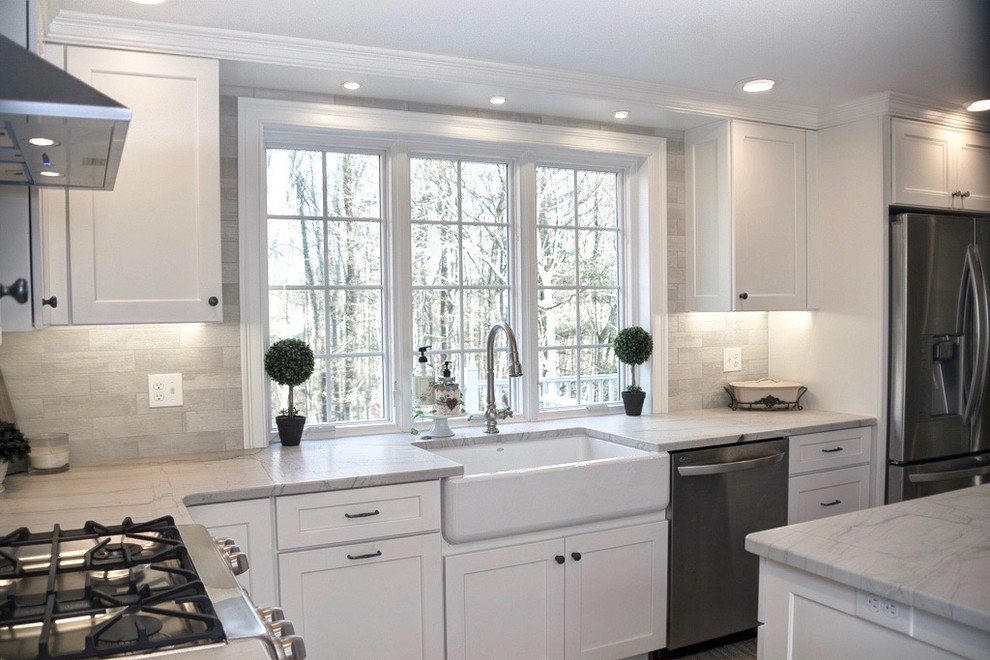 White Transitional Kitchen Sink View - Transitional - Kitchen - Boston ...