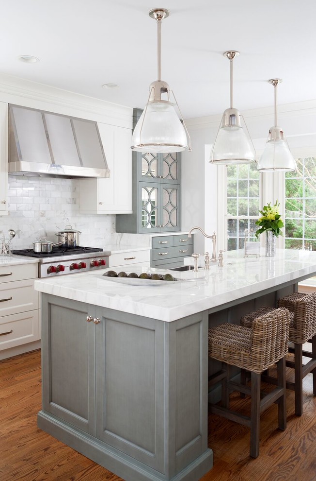 White Transitional Kitchen with Gray Island - Transitional - Kitchen ...