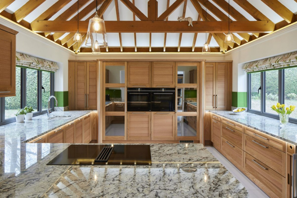 Wooden oak kitchen with green glass splashback - Rustic - Kitchen ...