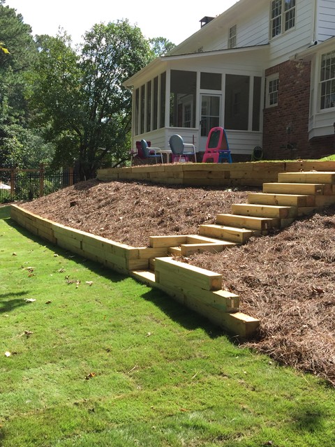 3 Tier PT Timber Walls, PT Timber Steps, Paver Patio, Irrigation, Sod ...