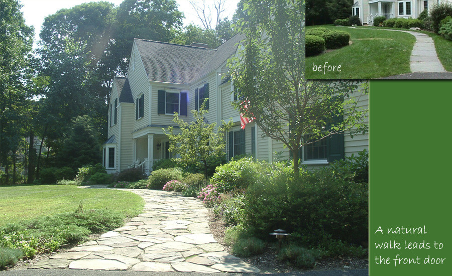 A natural walk leads to the front door. The walk flares at the driveway ...