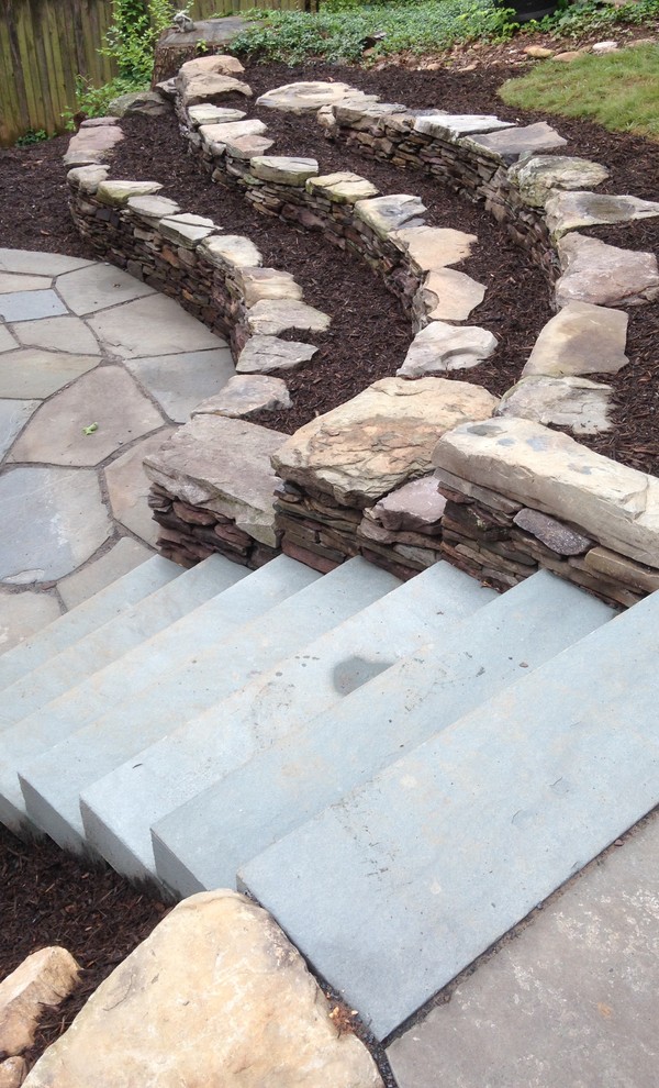Backyard Patio and Natural stone retaining walls with stairs ...