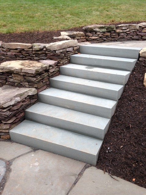 Backyard Patio and Natural stone retaining walls with stairs ...