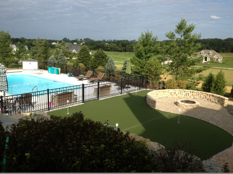 Backyard Pool, Putting Green and Patio with Fire Pit - Contemporary ...