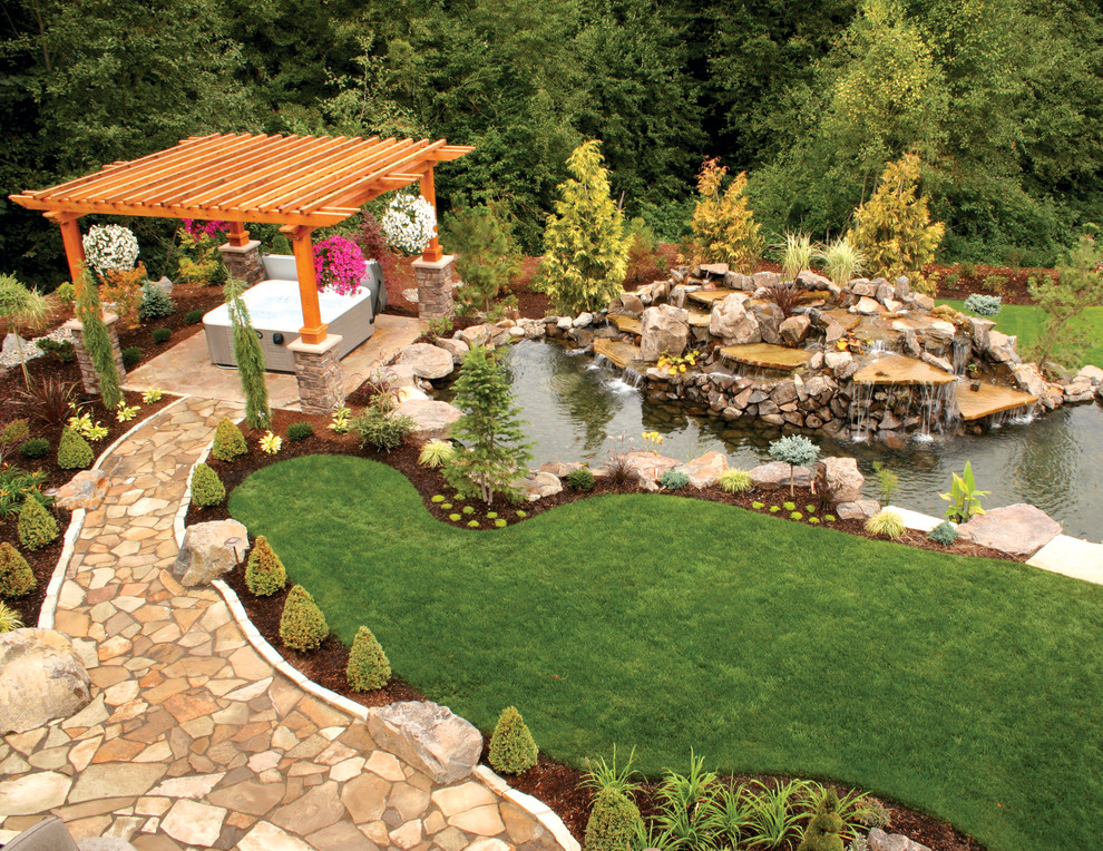 Backyard stone pathway and water feature - Traditional - Landscape ...