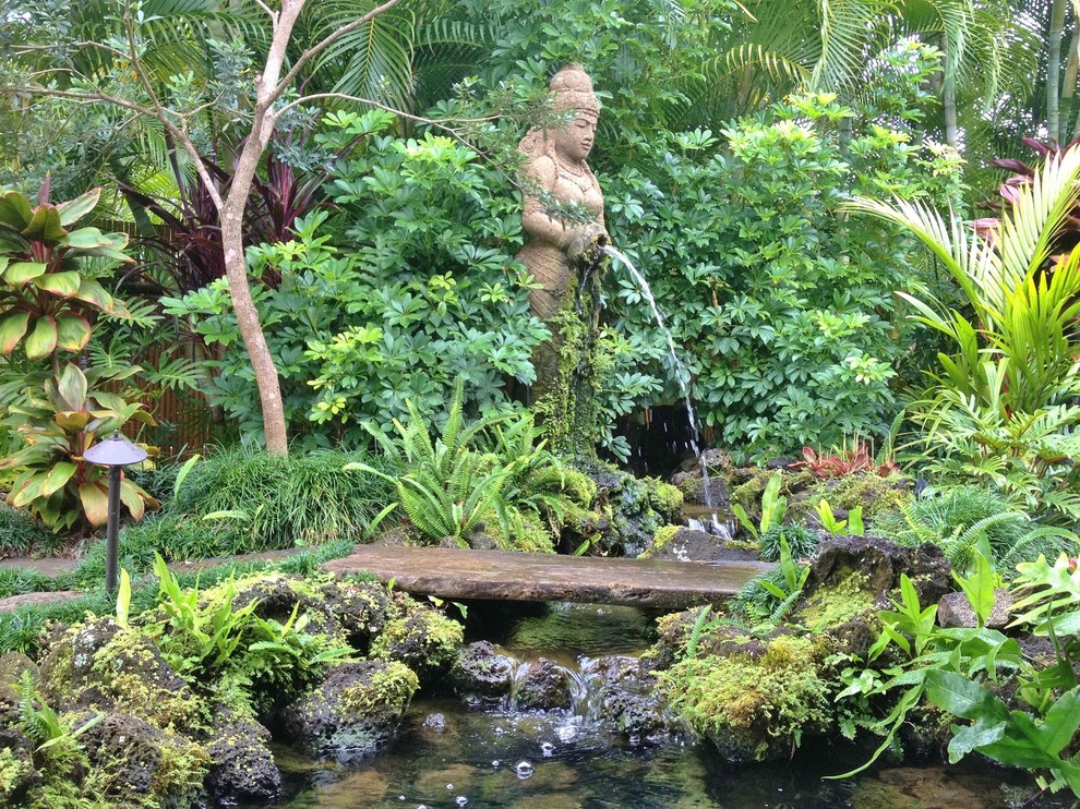 Bali statue with fountain, stream and pond water feature - Asian ...