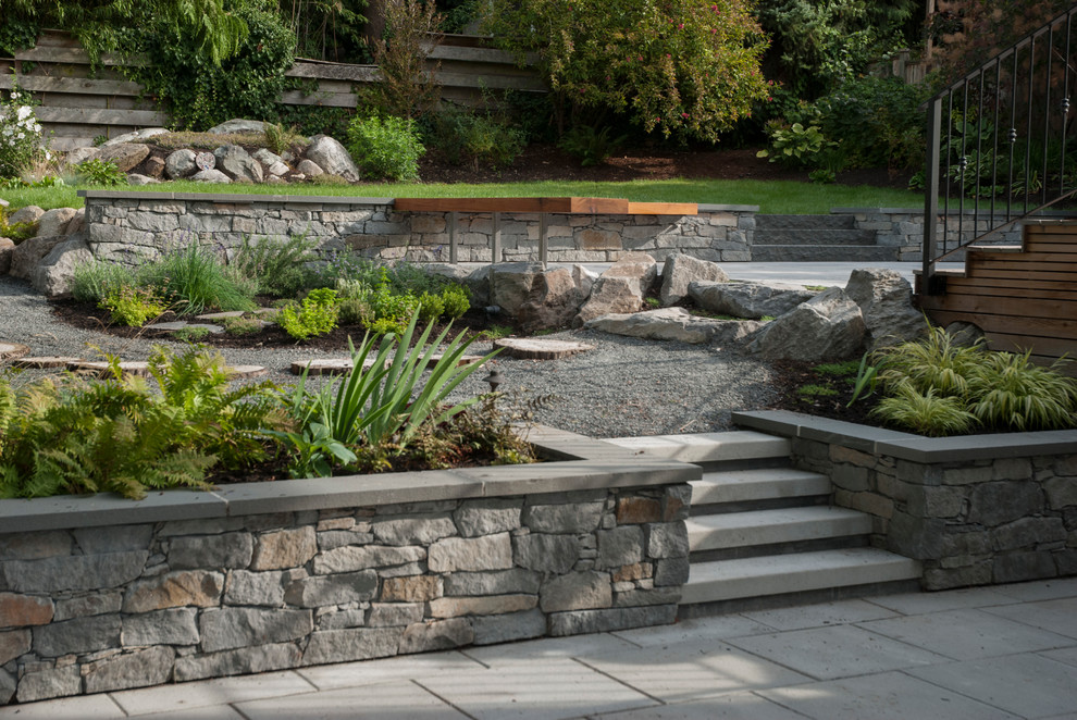Basalt Retaining Walls With Built-In Bench - Contemporary - Landscape ...