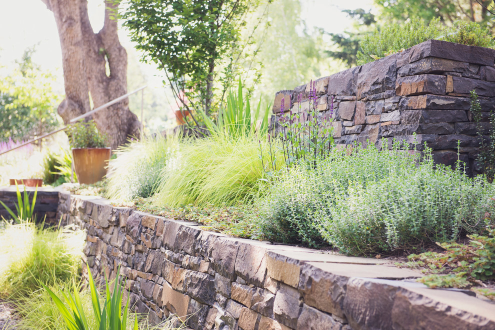 Basalt Retaining Walls with Terraced Plantings - Modern - Landscape ...