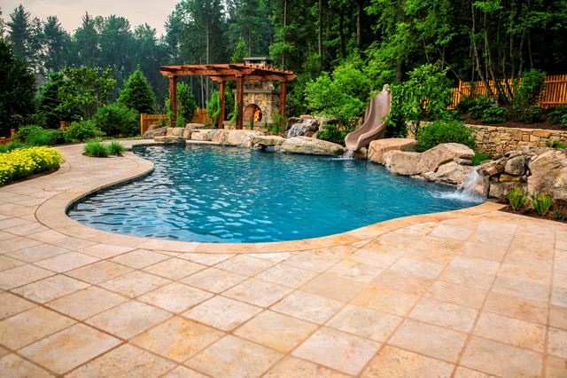 Basking Ridge NJ, Natural Poolscape with Outdoor Fireplace - Tropical ...