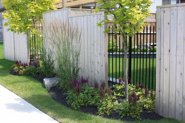 Cedar Fence with Trees and Ornamental Iron - Transitional - Garden ...