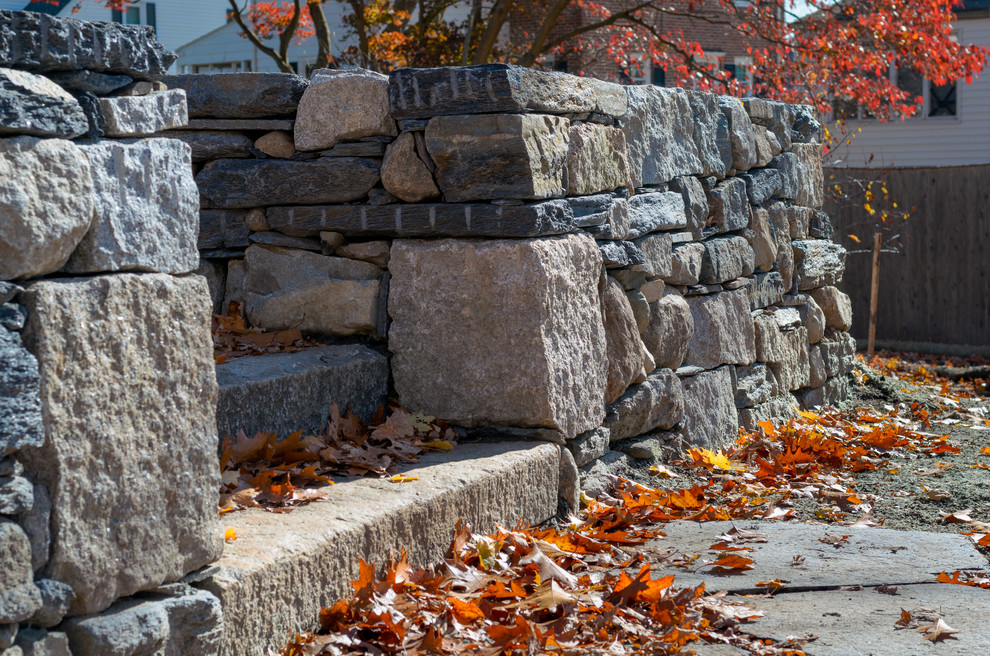 Cheek walls and reclaimed granite steps - Farmhouse - Landscape ...