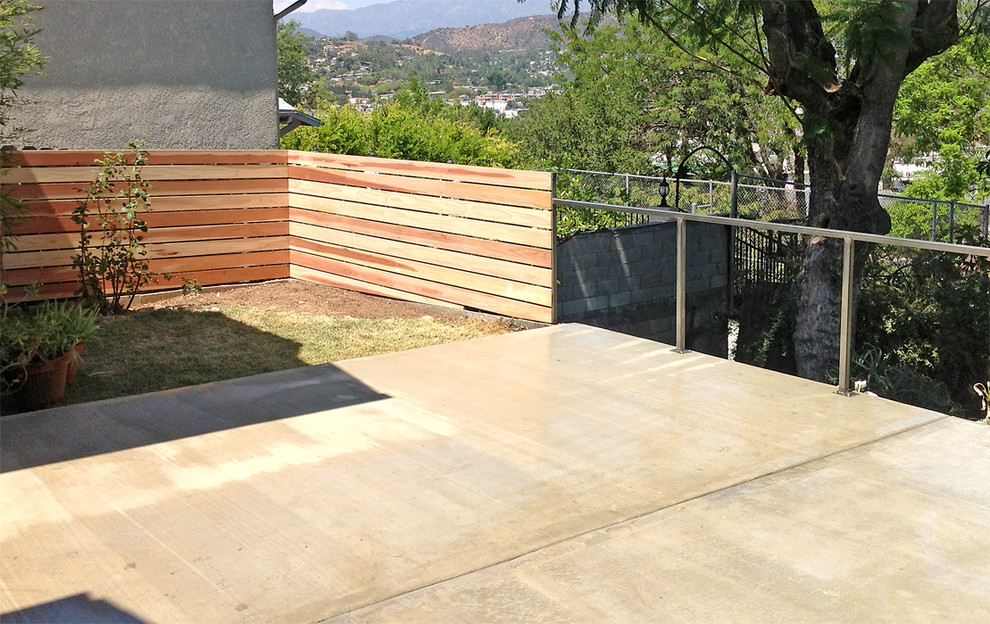 Concrete Patio w/Metal Railing & Redwood Fence - Traditional ...