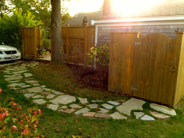 Cottage style natural stone path to outdoor shower, Chatham ...