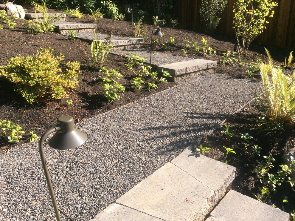 Crushed gravel walkway with paver steps and metal edging. - Landscape ...