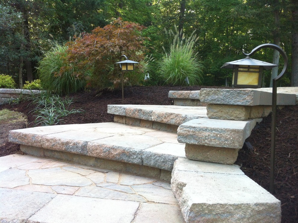 Curved Stone Steps with Lighting & Landscaping - Traditional ...