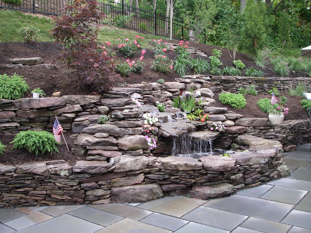 Double Waterfall Pond with Dry Stack Stone Wall - Contemporary ...
