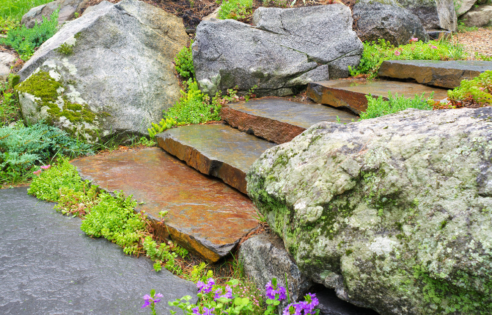 Fieldstone steps and boulders - Rustic - Landscape - Boston - by ...