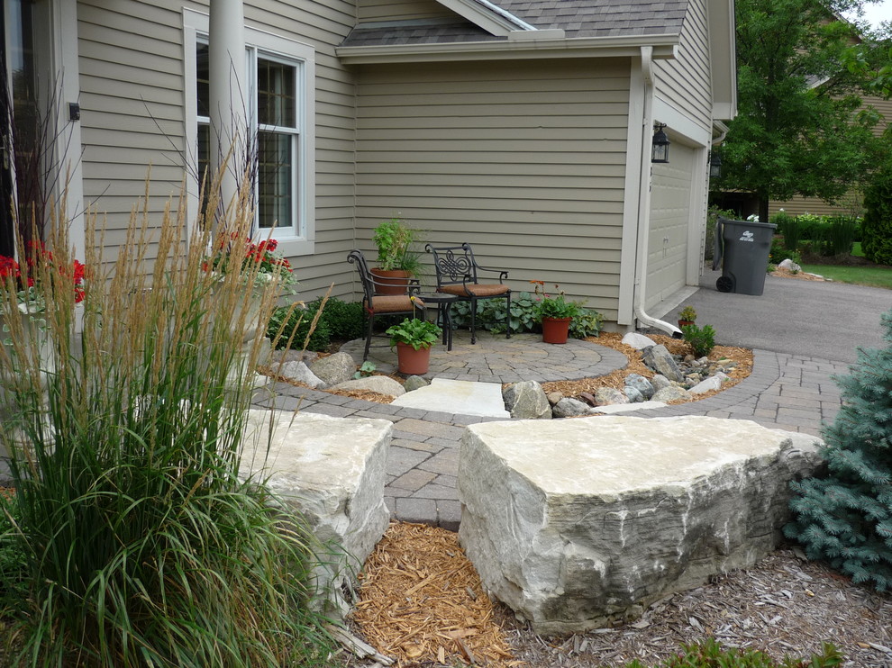 Front Paver Sidewalk with Sitting Area and Dry Stream - Landscape ...