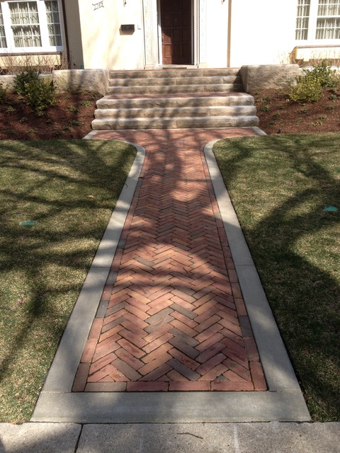 Herringbone Brick Path Reclaimed Yorkstone Terrace With Herringbone