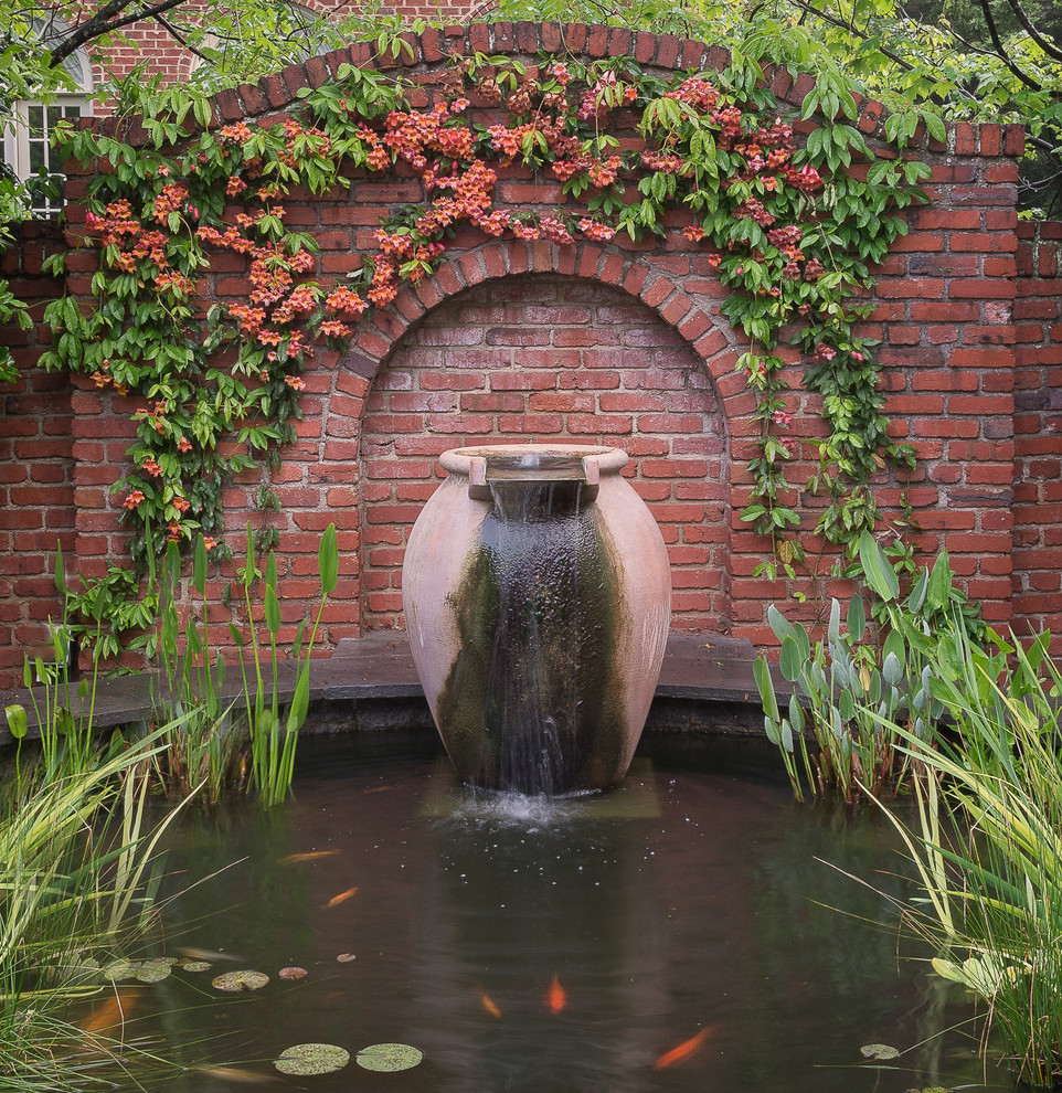 Koi pond with Lunaform urn with cross vine blooming - Contemporary ...