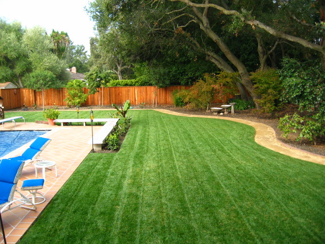 Lawn separated from oak grove by gravel path - Mediterranean ...