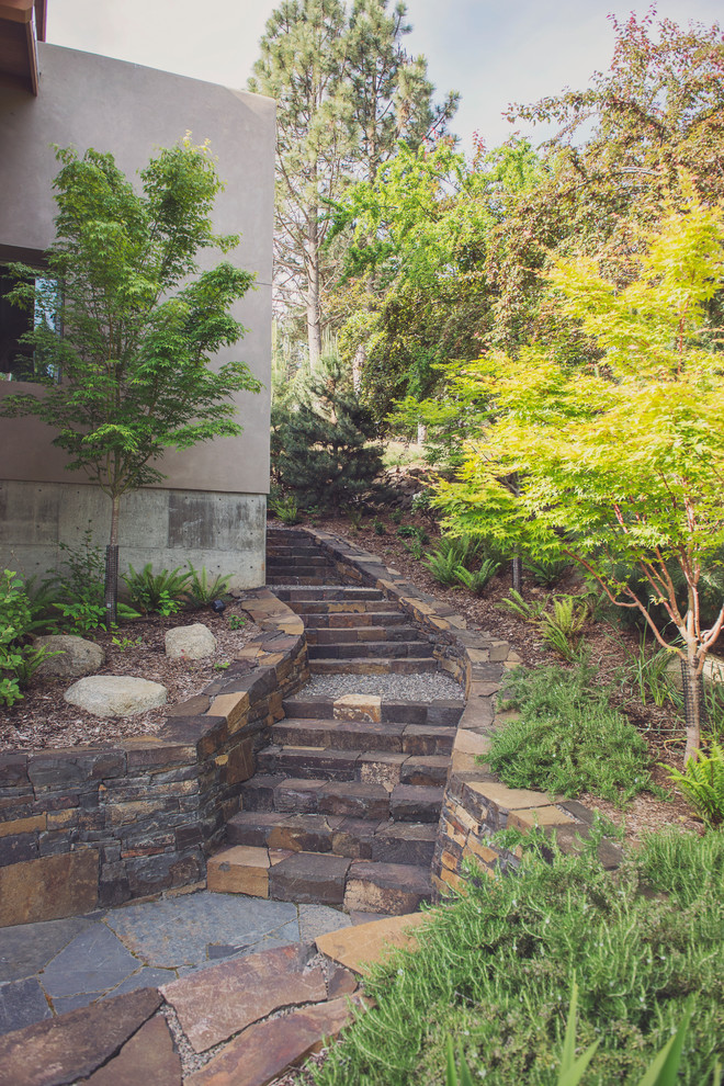 Ledgestone staircase with stacked basalt retaining walls and flagstone ...