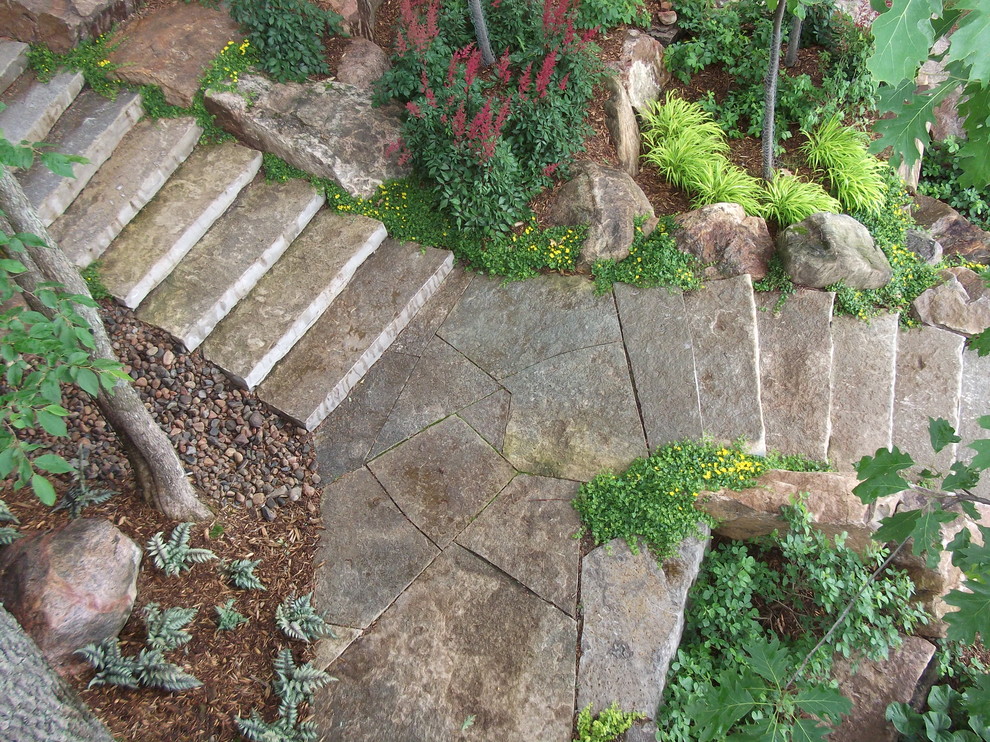 Mississauga Lake, planting to soften the stone steps and landing ...