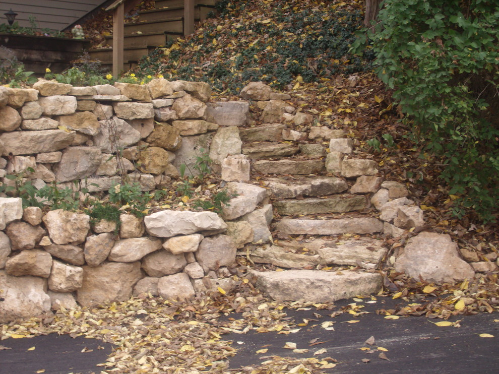 Natural Limestone boulder retaining wall with built in stairway ...