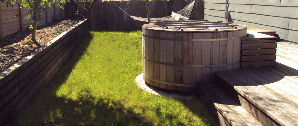 New wood planter wall, hot tub/ spa and wrap around decking with stairs ...