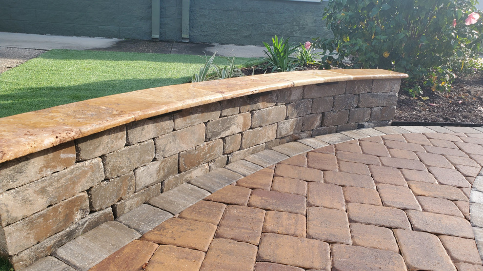 Pond Waterfall, Seating Wall, Travertine cap, and artificial turf ...