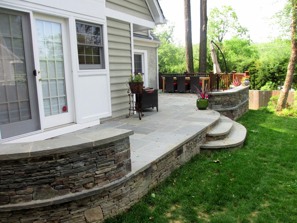 Raised Stone Patio & Grill Area, Curved Steps, Walls, Stone Caps ...