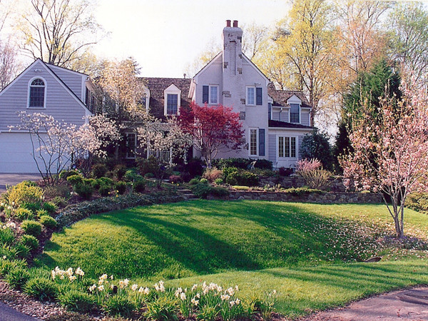 Springtime Landscape with Flowering Trees, Bulbs and Evergreens ...