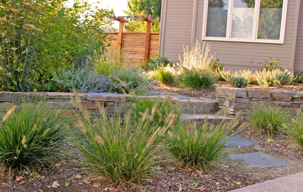Stacked Basalt Retaining Wall and Perrenial Grasses - Contemporary ...