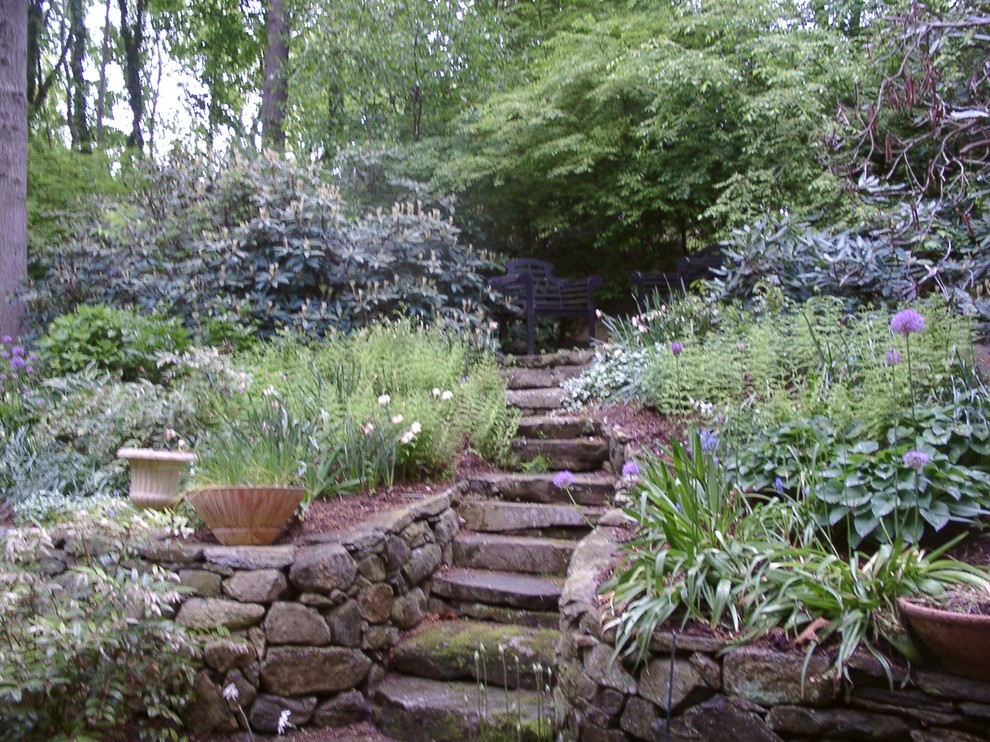 Stone staircase leads to secluded sitting area - Rustic - Landscape ...